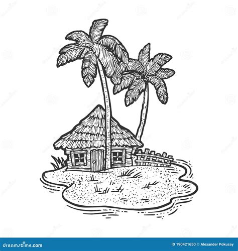 Uninhabited Island With Hut And Palm Trees Sketch Stock Vector