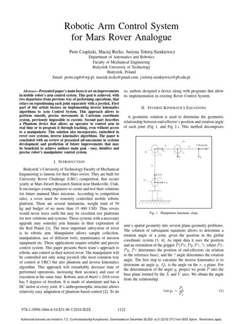 robotic arm control system for mars rover analogue pdf robotics