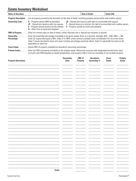 Estate Inventory Worksheet Blank Fillable Template Fill Out Print