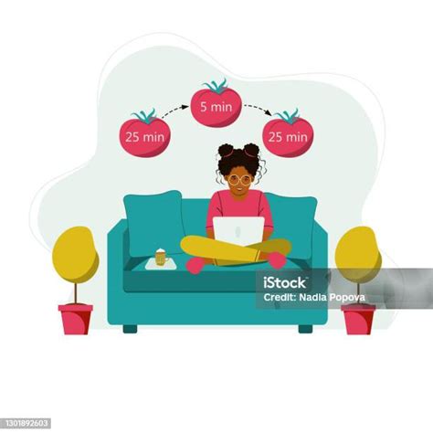 시간 관리를 사용하여 랩톱으로 작업하는 여성 Pomodoro 기술 개념 목표를 설정하고 작업 생산성 전략 관리 벡터 일러스트 개요 디자인에 대한 보상을 제공합니다 기술에