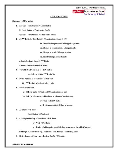 Cvp Analysis Set Of Formulas Pdf
