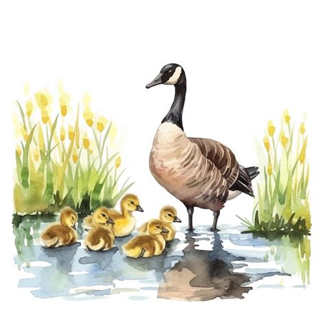 Pintura A Aquarela De Um Ganso Com Seus Filhotes Em Uma Lagoa Vetor