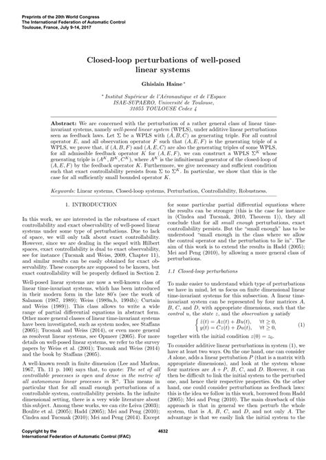 Pdf Closed Loop Perturbations Of Well Posed Linear Systems