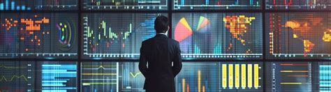 Businessman Analyzing Data On Multiple Screens A Businessman Stands In