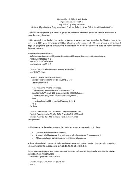 Guía De Programación 1 Pdf Algoritmos Multiplicación