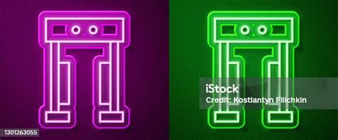 보라색과 녹색 배경에 고립 된 빛나는 네온 라인 금속 검출기 아이콘 금속 탐지기 검사지점에 공항 보안 검색대 벡터 0명에 대한 스톡 벡터 아트 및 기타 이미지 Istock