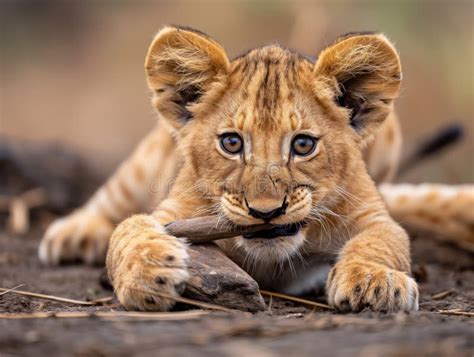 Playful Lion Cub Chewing On A Stick Stock Image Image Of Ground Wild 321349949