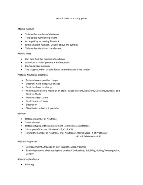 Atomic Structure Study Guide Key Concepts Definitions
