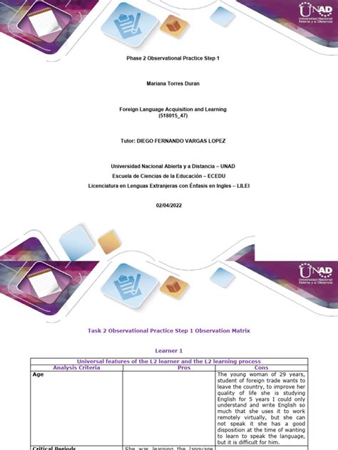 Phase 2 Observational Practice Step 1 Observation Matrix Pdf Second Language Learning