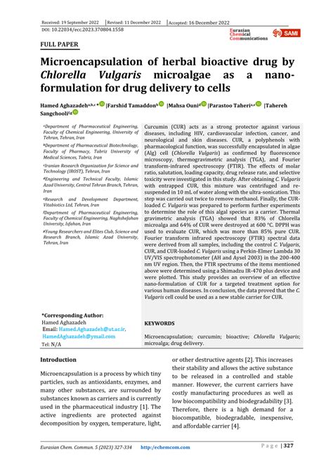 Pdf Microencapsulation Of Herbal Bioactive Drug By Chlorella Vulgaris