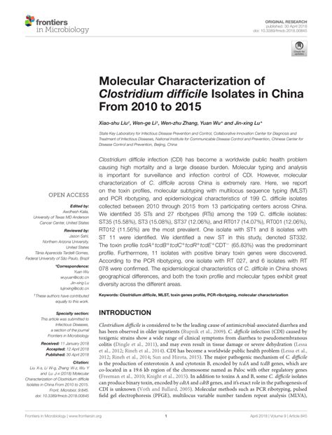 Pdf Molecular Characterization Of Clostridium Difficile Isolates In China From 2010 To 2015