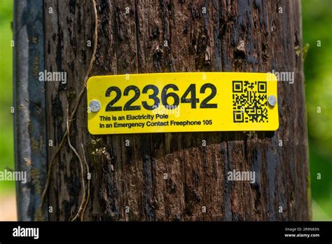 Yellow Identification Tag Label With Reference Number On Electricity Pole Suffolk England Uk