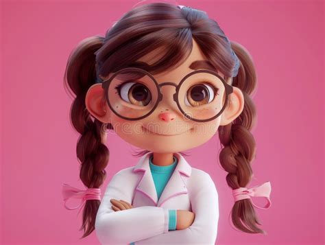 Cute Animated Girl With Glasses And Braids In A White Coat On Pink