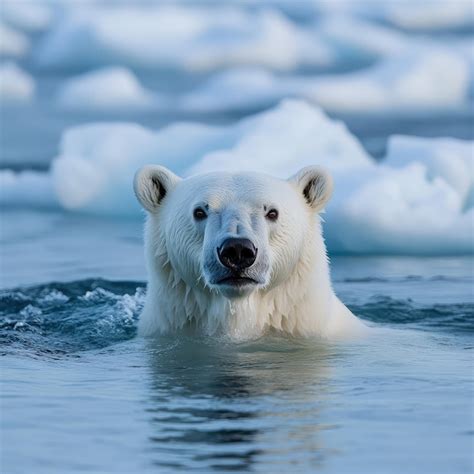 Polar Bear Swimming In Icy Arctic Waters Symbolizing Survival And Adaptability Premium Ai
