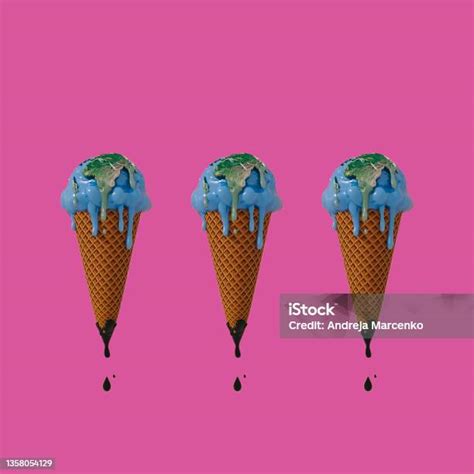 아이스크림 콘에 녹고 선명한 분홍색 배경에 오일 연료로 변환 행성 지구의 3d 모델 지구 온난화 개념을 중지하고 관점을 닫습니다 녹기에 대한 스톡 사진 및 기타 이미지