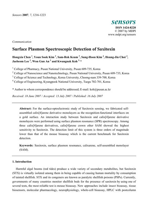Pdf Surface Plasmon Spectroscopic Detection Of Saxitoxin