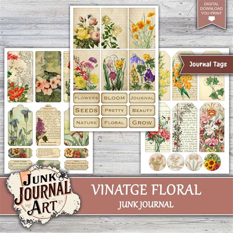 Vintage Floral Junk Journal Cards Junk Journal Supplies Journal Cards