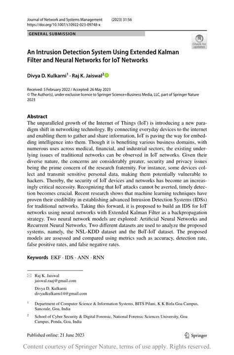 An Intrusion Detection System Using Extended Kalman Filter And Neural Networks For Iot Networks
