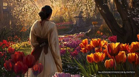 ai创作图穿汉服赏花的人 花卉与电影 摘花仕女 唯美花儿女神背影 绝代佳丽郁金香 花丛中的男生背影 古装人物背影 盛开郁金香与美女 人在花间