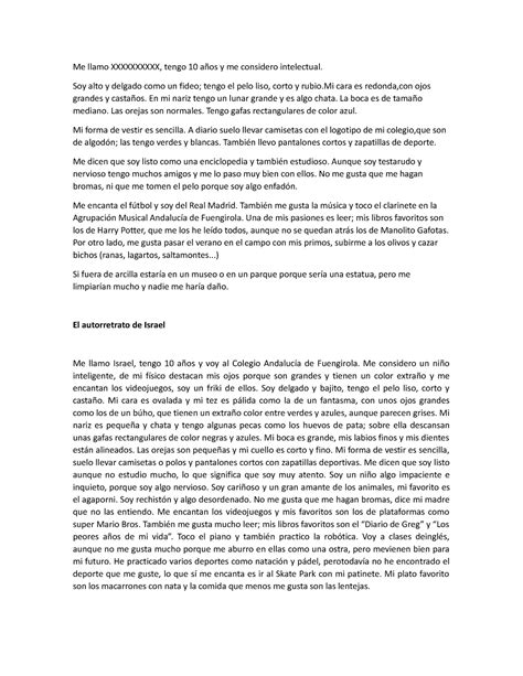Texto Descriptivo Ejemplos Me Llamo Xxxxxxxxxx Tengo 10 Años Y Me Considero Intelectual Soy