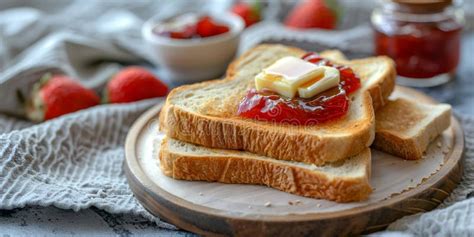 Classic Toast Bread With Butter And Strawberry Jam On Cloth And Wooden