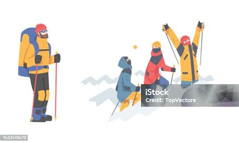 겨울 시즌에 막대기로 트레킹하는 등산가 눈 산 만화 벡터 일러스트 레이 션 위에 서있는 겨울 복장을 입은 등산객 겨울에 대한 스톡 벡터 아트 및 기타 이미지 Istock