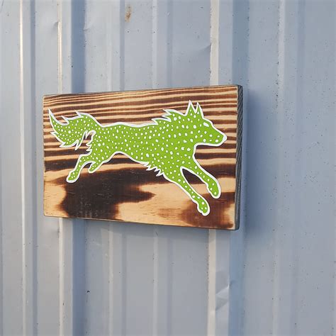 Funky Folk Art Lime Green Wolf With White Polka Dots On Reclaimed Wood