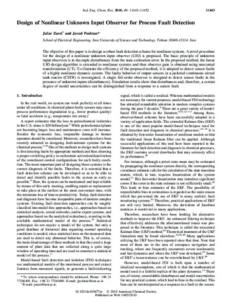 Pdf Design Of Nonlinear Unknown Input Observer For Process Fault Detection