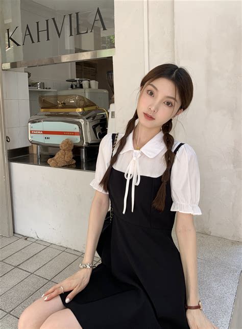 투피스같은원피스 셔츠 카라 리본타이 퍼프소매 반팔 블라우스 일체형 A라인 뷔스티에 블랙 미니 원피스 여름 레트로 복고풍