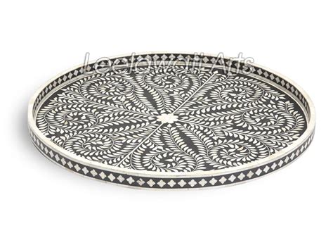 Indian Handmade Bone Inlay Large Round Serving Tray In Black Ebay