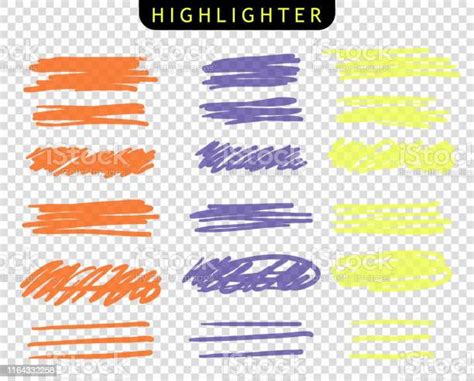 노란색 주황색 보라색 선 선 마커 의 집합입니다 벡터 하이라이트 브러시 선 손 그리기 스케치 밑줄 줄무늬 격리된 투명 배경의 요소입니다 0명에 대한 스톡 벡터 아트 및 기타