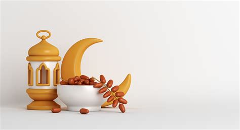 대추 과일 랜턴 초승달 라마단 카림 마울리드 이프타르 이스라 미라지 이드 알 피트르 아다 무하람 만화 스타일 복사 공간 3d 삽화가 있는 이슬람 장식 배경 3차원 형태에
