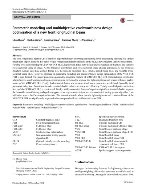 Pdf Parametric Modeling And Multiobjective Crashworthiness Design Optimization Of A New Front