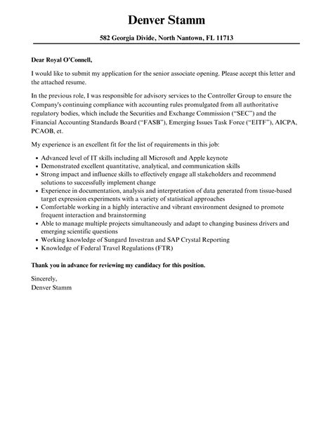 Senior Associate Cover Letter Velvet Jobs