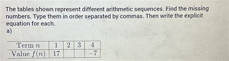 Solved The Tables Shown Represent Different Arithmetic Sequences Find The Missing Numbers
