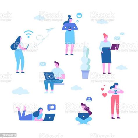 벡터는 사람들이 도구를 사용 하 여 설정 합니다 통신 인터넷 채팅 소셜 네트워킹 컴퓨터에 대한 스톡 벡터 아트 및 기타 이미지