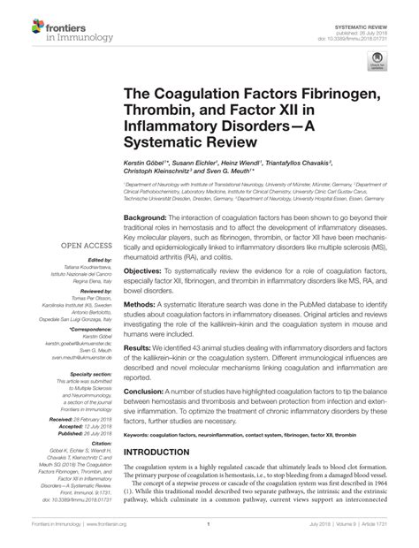 Pdf The Coagulation Factors Fibrinogen Thrombin And Factor Xii In Inflammatory Disorders—a