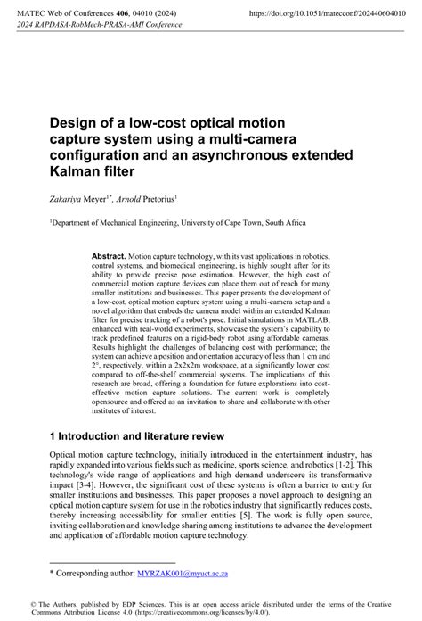 Pdf Design Of A Low Cost Optical Motion Capture System Using A Multi Camera Configuration And
