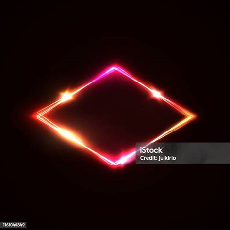 네온 빛 기호입니다 어두운 빨간색 배경에 빛나는 레이저 Rhomb 네온 효과와 복고풍 빛 마름모꼴 간판 테크노 로고 브릴 프레임