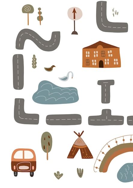 아이의 방을위한 귀여운 마을지도 손으로 그린 벡터 일러스트 레이 션 침구 포스터에 대한 보육 개념 프리미엄 벡터