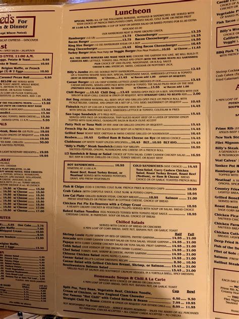 Menu At Billy Reeds Palm Springs Restaurant Palm Springs