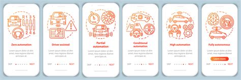 Driverless Car Stages Onboarding Mobile App Page Screen With Linear Concepts Vehicle