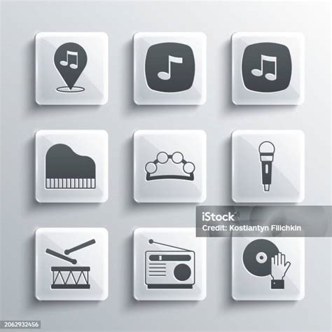 라디오 설정 Dj 음악 재생 마이크 탬버린 드럼 스틱이 있는 드럼 그랜드 피아노 위치 음표 및 음표 음색 아이콘 벡터 Dj에 대한 스톡 벡터 아트 및 기타 이미지 Istock