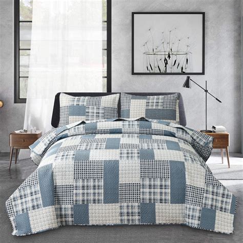Jessy Home Patchwork Bedspread King Size Gray White Blue Plaid Quilt