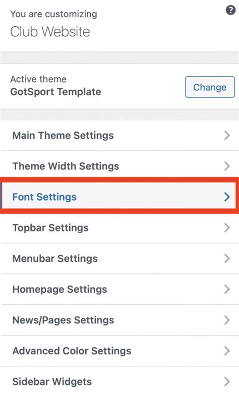 customize font settings gotsport club website support
