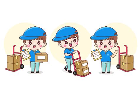 만화 캐릭터 배달 남자 핸드 트럭에 골판지 상자가있는 유니폼 소지 보고서 용지에 택배 플랫 일러스트 레이 션 격리 벡터 디자인 개념에 대한 스톡 벡터 아트 및 기타 이미지