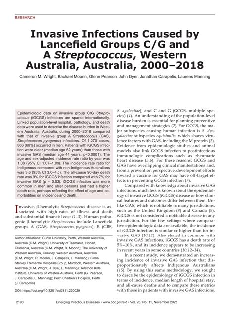 Pdf Invasive Infections Caused By Lancefield Groups C G And A Streptococcus Western Australia