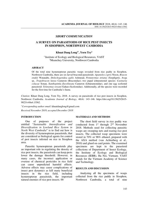 Pdf Short Communication A Survey On Parasitoids Of Rice Pest Insects