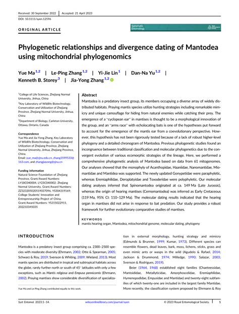 Pdf Phylogenetic Relationships And Divergence Dating Of Mantodea Using Mitochondrial Phylogenomics