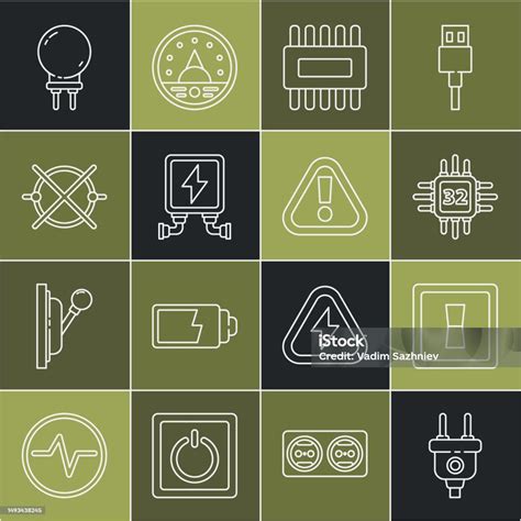 라인 전기 플러그 전등 스위치 미세 회로 Cpu 변압기 구성표 발광 다이오드 및 느낌표 삼각형 아이콘이 있는 프로세서를 설정합니다 벡터 Cpu에 대한 스톡 벡터 아트 및